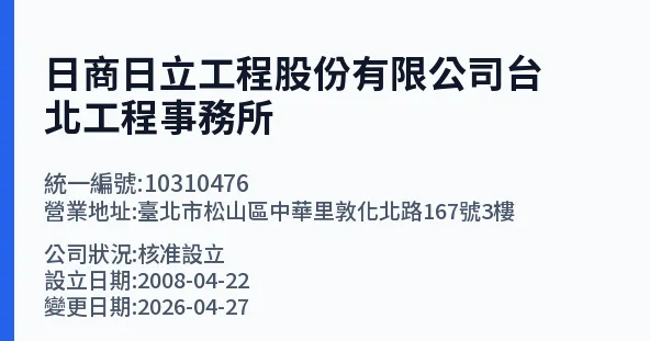 日商日立工程股份有限公司台北工程事務所的照片-統編 10310476(臺北市) 公司登記資料與營業項目詳細圖表