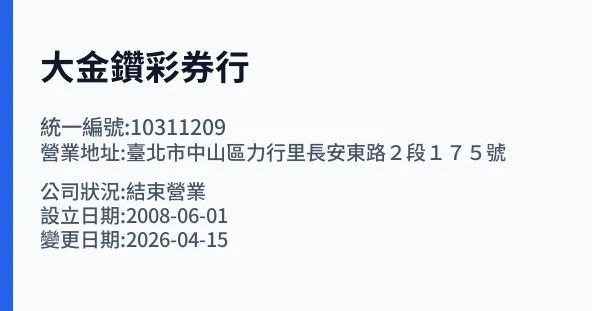 大金鑽彩券行的照片-統編 10311209(臺北市) 公司登記資料與營業項目詳細圖表