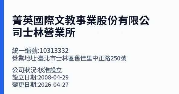 菁英國際文教事業股份有限公司士林營業所的照片-統編 10313332(臺北市) 公司登記資料與營業項目詳細圖表