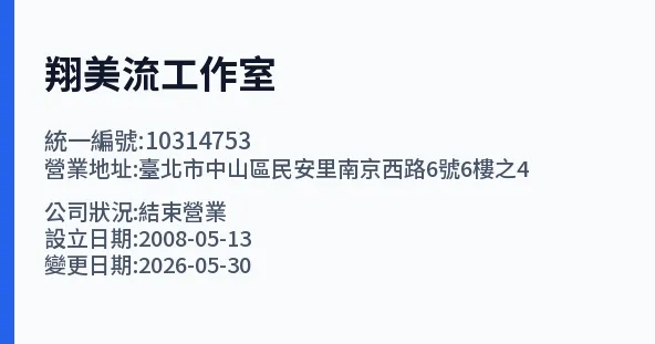翔美流工作室的照片-統編 10314753(臺北市) 公司登記資料與營業項目詳細圖表