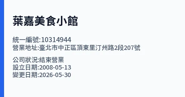 葉嘉美食小館的照片-統編 10314944(臺北市) 公司登記資料與營業項目詳細圖表