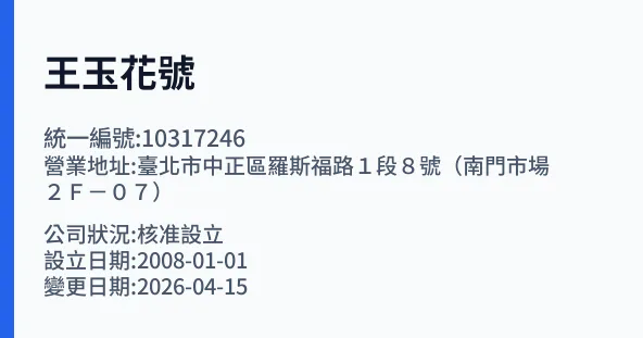 王玉花號的照片-統編 10317246(臺北市) 公司登記資料與營業項目詳細圖表