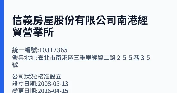 信義房屋股份有限公司南港經貿營業所的照片-統編 10317365(臺北市) 公司登記資料與營業項目詳細圖表