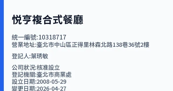 悦亨複合式餐廳的照片-統編 10318717(臺北市) 公司登記資料與營業項目詳細圖表