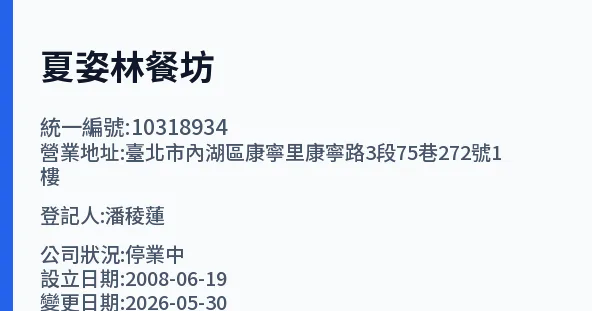 夏姿林餐坊的照片-統編 10318934(臺北市) 公司登記資料與營業項目詳細圖表