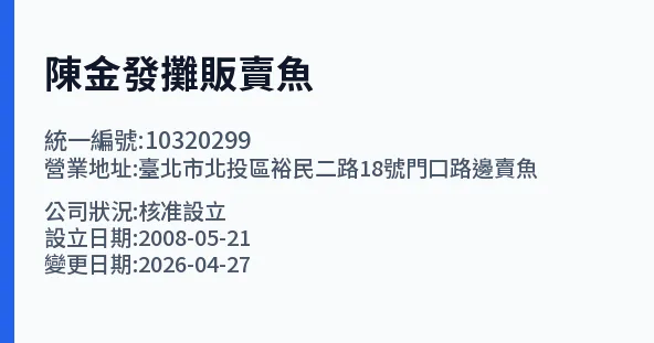 陳金發攤販賣魚的照片-統編 10320299(臺北市) 公司登記資料與營業項目詳細圖表