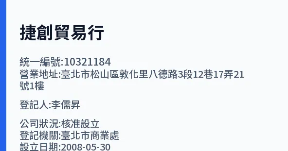 捷創貿易行的照片-統編 10321184(臺北市) 公司登記資料與營業項目詳細圖表