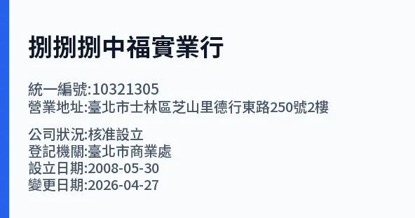 捌捌捌中福實業行的照片-統編 10321305(臺北市) 公司登記資料與營業項目詳細圖表
