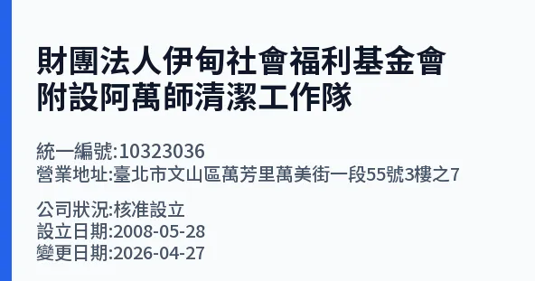財團法人伊甸社會福利基金會附設阿萬師清潔工作隊的照片-統編 10323036(臺北市) 公司登記資料與營業項目詳細圖表