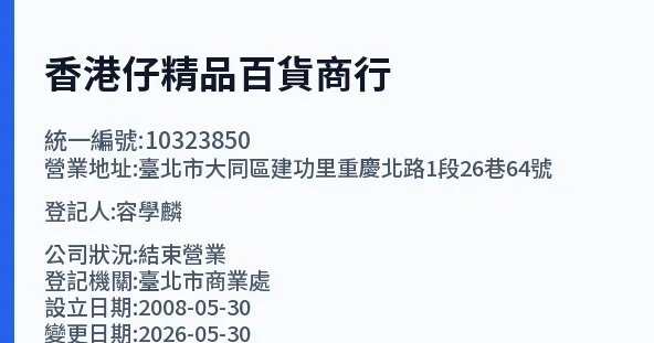 香港仔精品百貨商行的照片-統編 10323850(臺北市) 公司登記資料與營業項目詳細圖表