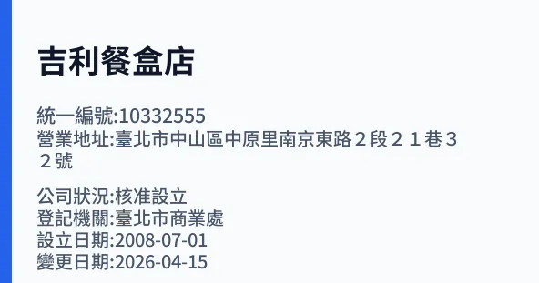 吉利餐盒店的照片-統編 10332555(臺北市) 公司登記資料與營業項目詳細圖表