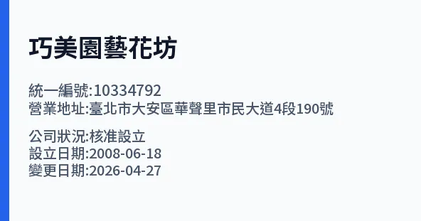 巧美園藝花坊的照片-統編 10334792(臺北市) 公司登記資料與營業項目詳細圖表