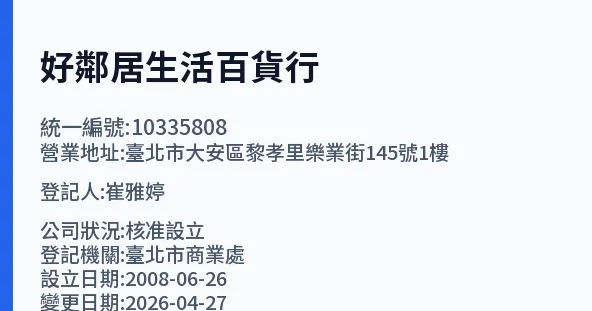 好鄰居生活百貨行的照片-統編 10335808(臺北市) 公司登記資料與營業項目詳細圖表