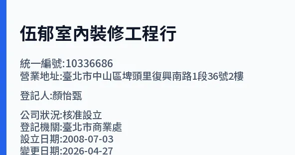 伍郁室內裝修工程行的照片-統編 10336686(臺北市) 公司登記資料與營業項目詳細圖表