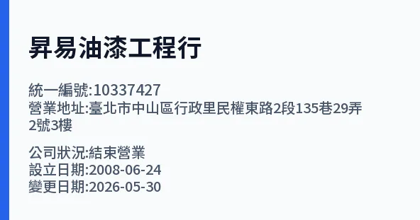 昇易油漆工程行的照片-統編 10337427(臺北市) 公司登記資料與營業項目詳細圖表