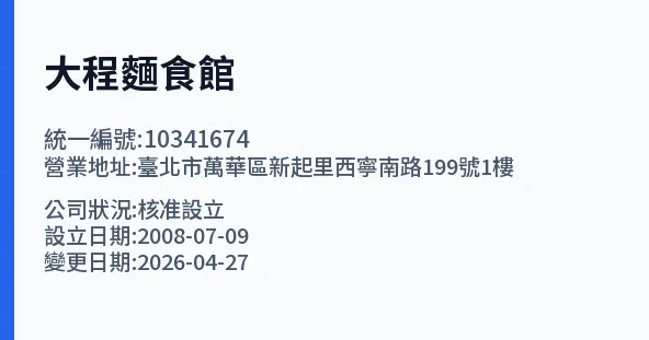 大程麵食館的照片-統編 10341674(臺北市) 公司登記資料與營業項目詳細圖表