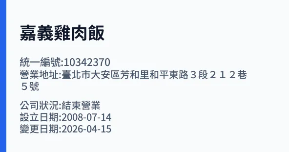 嘉義雞肉飯的照片-統編 10342370(臺北市) 公司登記資料與營業項目詳細圖表