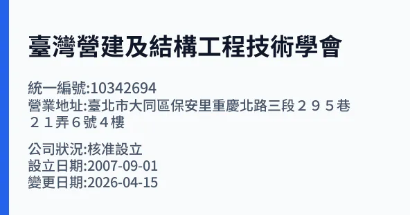 臺灣營建及結構工程技術學會的照片-統編 10342694(臺北市) 公司登記資料與營業項目詳細圖表