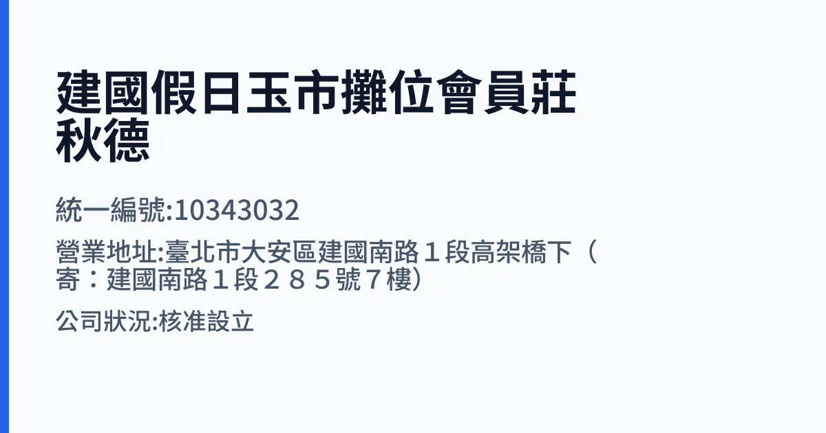 建國假日玉市攤位會員莊秋德 - 統編 10343032(臺北市) 公司登記資料與營業項目詳細圖表