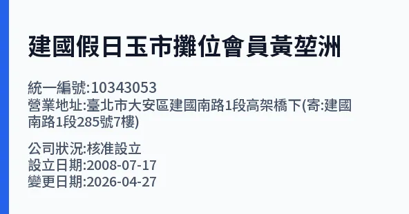 建國假日玉市攤位會員黃堃洲的照片-統編 10343053(臺北市) 公司登記資料與營業項目詳細圖表