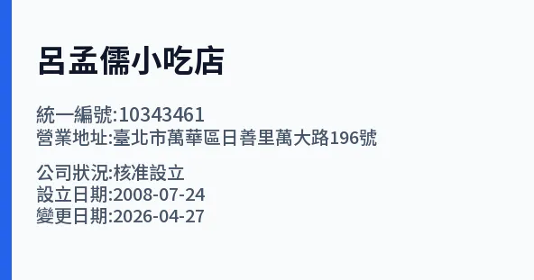 呂孟儒小吃店的照片-統編 10343461(臺北市) 公司登記資料與營業項目詳細圖表