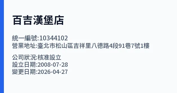 百吉漢堡店的照片-統編 10344102(臺北市) 公司登記資料與營業項目詳細圖表