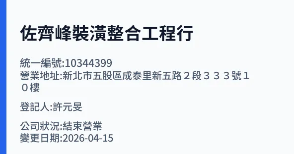 佐齊峰裝潢整合工程行的照片-統編 10344399(新北市) 公司登記資料與營業項目詳細圖表