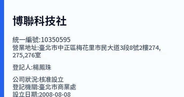 博聯科技社的照片-統編 10350595(臺北市) 公司登記資料與營業項目詳細圖表