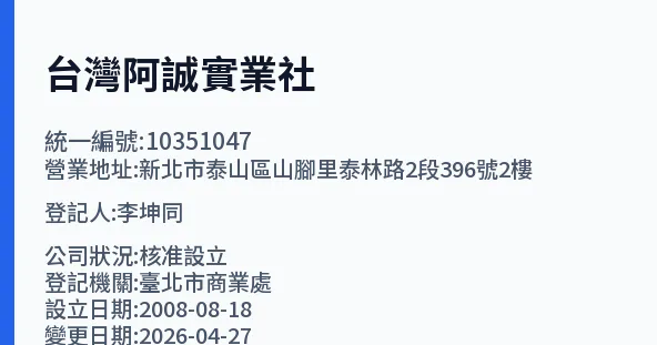 台灣阿誠實業社的照片-統編 10351047(新北市) 公司登記資料與營業項目詳細圖表