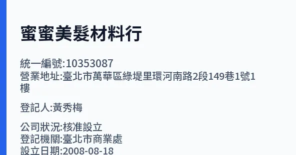 蜜蜜美髮材料行的照片-統編 10353087(臺北市) 公司登記資料與營業項目詳細圖表