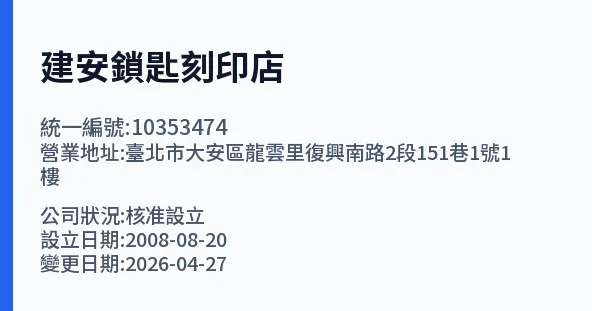 建安鎖匙刻印店的照片-統編 10353474(臺北市) 公司登記資料與營業項目詳細圖表
