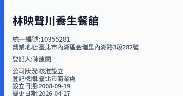 林映聲川養生餐館的照片-統編 10355281(臺北市) 公司登記資料與營業項目詳細圖表