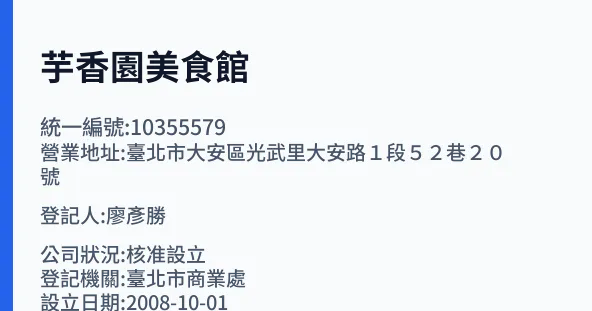 芋香園美食館的照片-統編 10355579(臺北市) 公司登記資料與營業項目詳細圖表