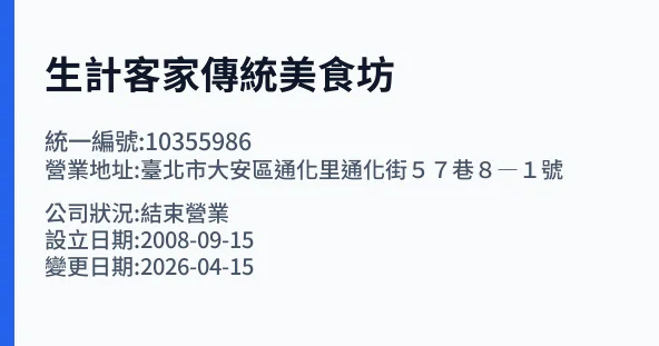 生計客家傳統美食坊的照片-統編 10355986(臺北市) 公司登記資料與營業項目詳細圖表