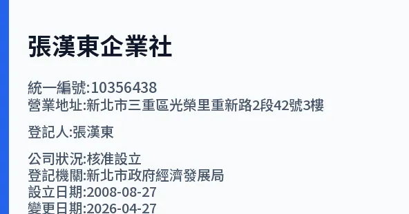 張漢東企業社的照片-統編 10356438(新北市) 公司登記資料與營業項目詳細圖表