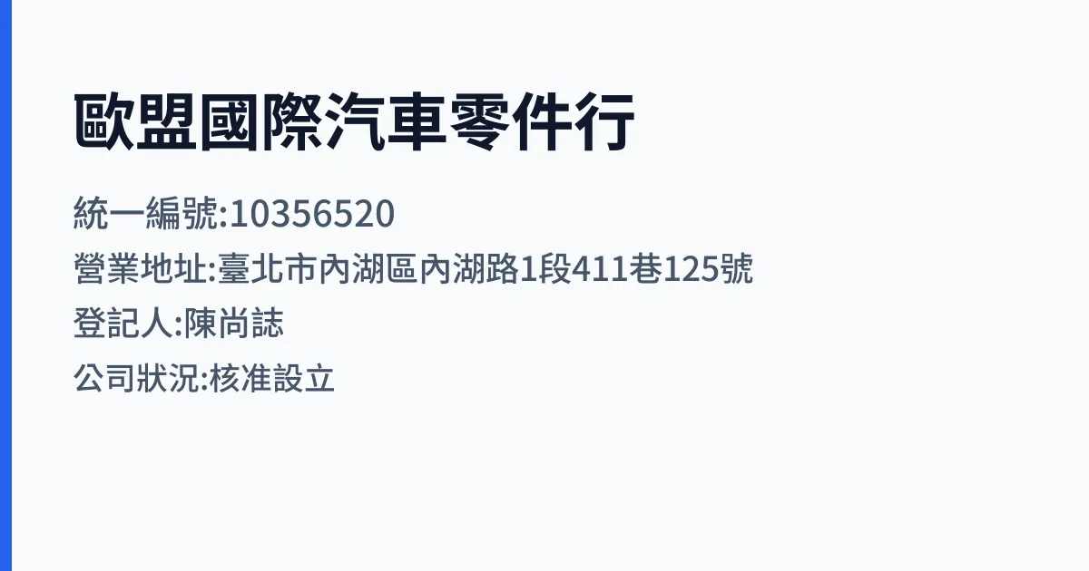 歐盟國際汽車零件行 - 統編 10356520(臺北市) 公司登記資料與營業項目詳細圖表