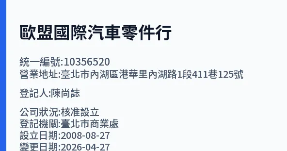 歐盟國際汽車零件行的照片-統編 10356520(臺北市) 公司登記資料與營業項目詳細圖表