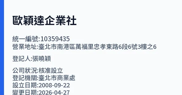 歐穎達企業社的照片-統編 10359435(臺北市) 公司登記資料與營業項目詳細圖表