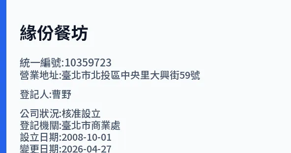 緣份餐坊的照片-統編 10359723(臺北市) 公司登記資料與營業項目詳細圖表