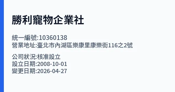 勝利寵物企業社的照片-統編 10360138(臺北市) 公司登記資料與營業項目詳細圖表