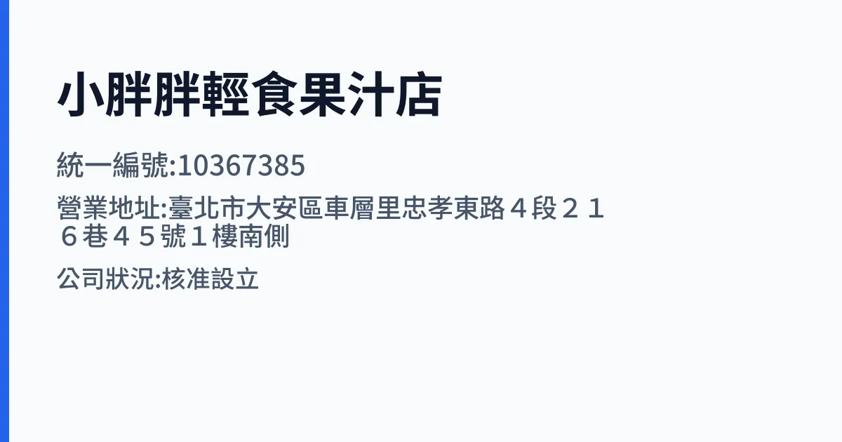 小胖胖輕食果汁店 - 統編 10367385(臺北市) 公司登記資料與營業項目詳細圖表