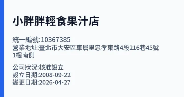 小胖胖輕食果汁店的照片-統編 10367385(臺北市) 公司登記資料與營業項目詳細圖表