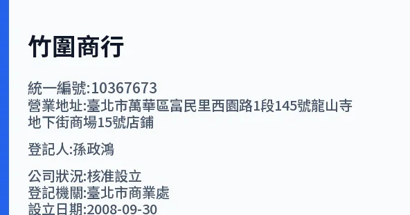 竹圍商行的照片-統編 10367673(臺北市) 公司登記資料與營業項目詳細圖表