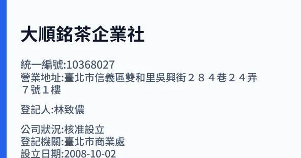 大順銘茶企業社的照片-統編 10368027(臺北市) 公司登記資料與營業項目詳細圖表