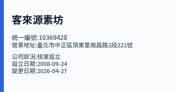 客來源素坊的照片-統編 10369428(臺北市) 公司登記資料與營業項目詳細圖表