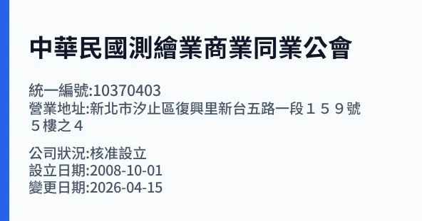 中華民國測繪業商業同業公會的照片-統編 10370403(新北市) 公司登記資料與營業項目詳細圖表