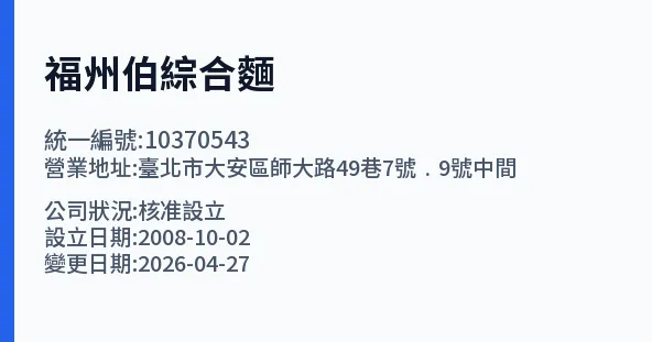 福州伯綜合麵的照片-統編 10370543(臺北市) 公司登記資料與營業項目詳細圖表
