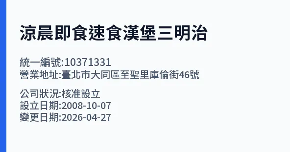 涼晨即食速食漢堡三明治的照片-統編 10371331(臺北市) 公司登記資料與營業項目詳細圖表
