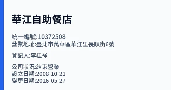 華江自助餐店的照片-統編 10372508(臺北市) 公司登記資料與營業項目詳細圖表