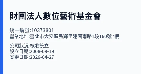 財團法人數位藝術基金會的照片-統編 10373801(臺北市) 公司登記資料與營業項目詳細圖表